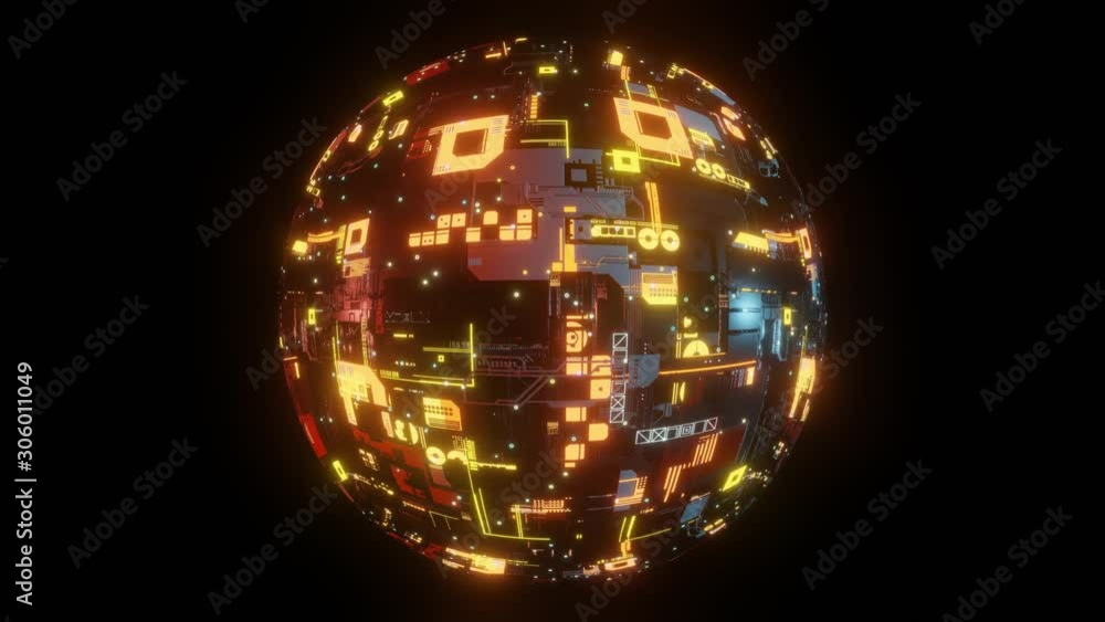 science fiction sphere, rotating detailed high-tech conceptual computer ...