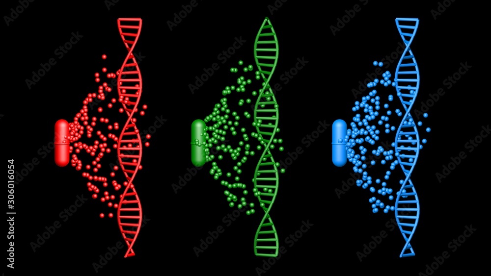 Pill capsule opens and releases drugs to DNA strand. Drug molecules ...
