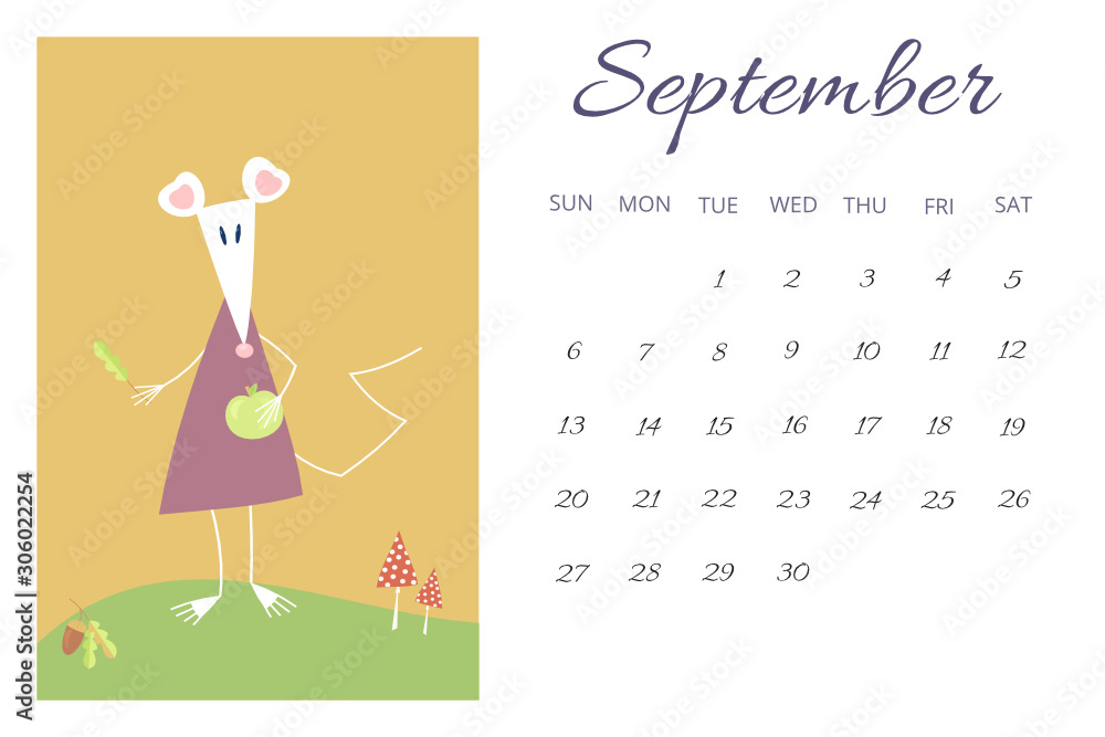 September calendar sheet 2020 with cute cartoon triangle shaped white ...