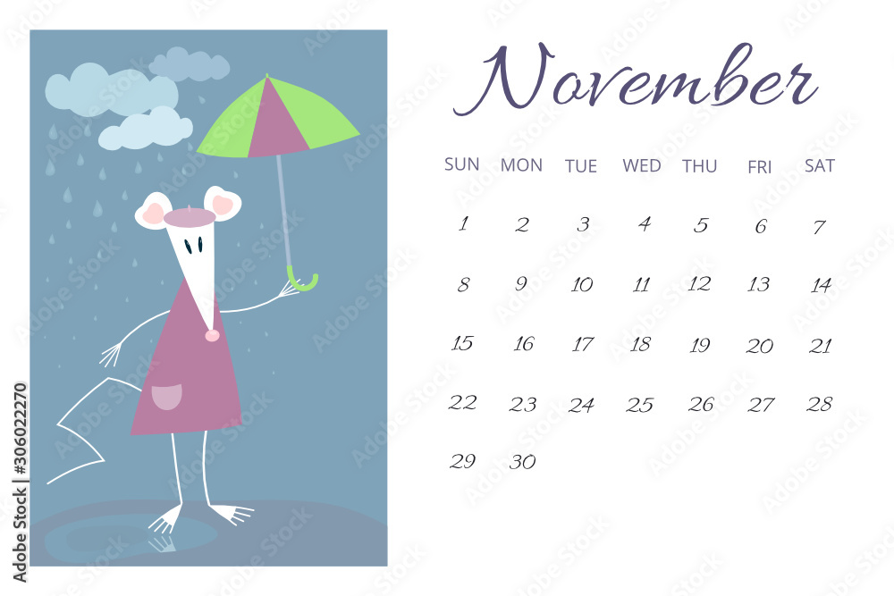 November calendar sheet 2020 with cute cartoon triangle shaped white ...