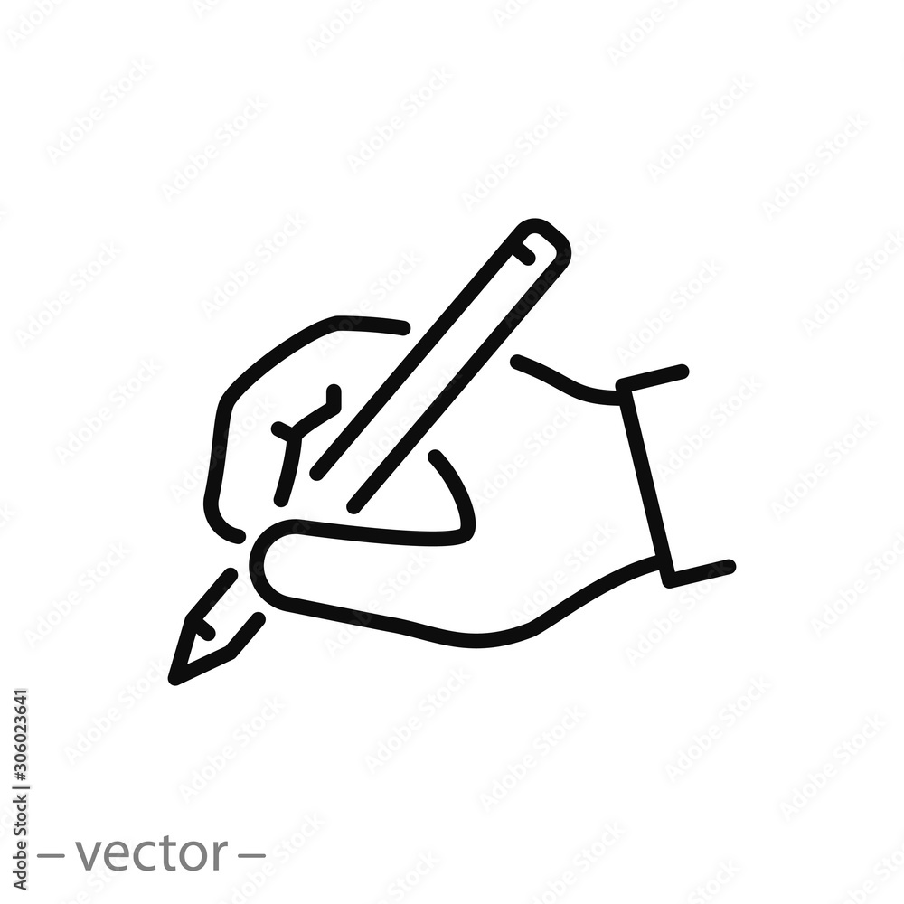 hand holding pen icon, handwriting, writing signature, thin line web ...