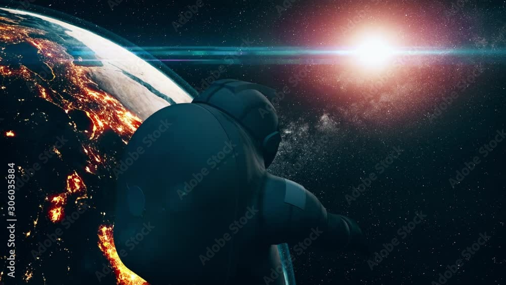 Realistic cosmonaut in outer space spinning Earth. Flying Astronaut in ...