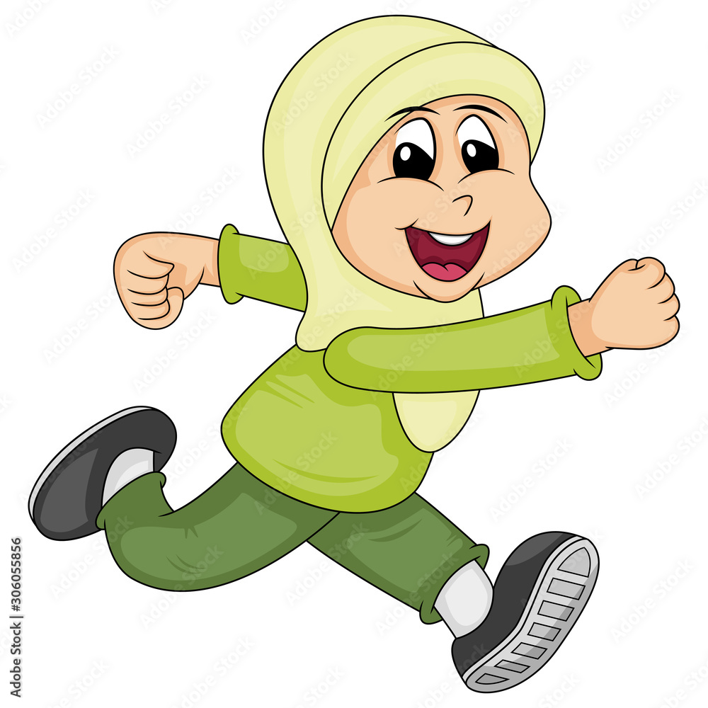 Muslim girl in sport outfit is running happily cartoon vector ...