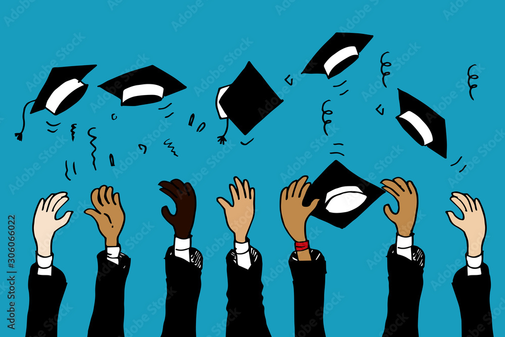 doodle hands up. Graduation Caps Thrown in the Air. vector cartoon ...