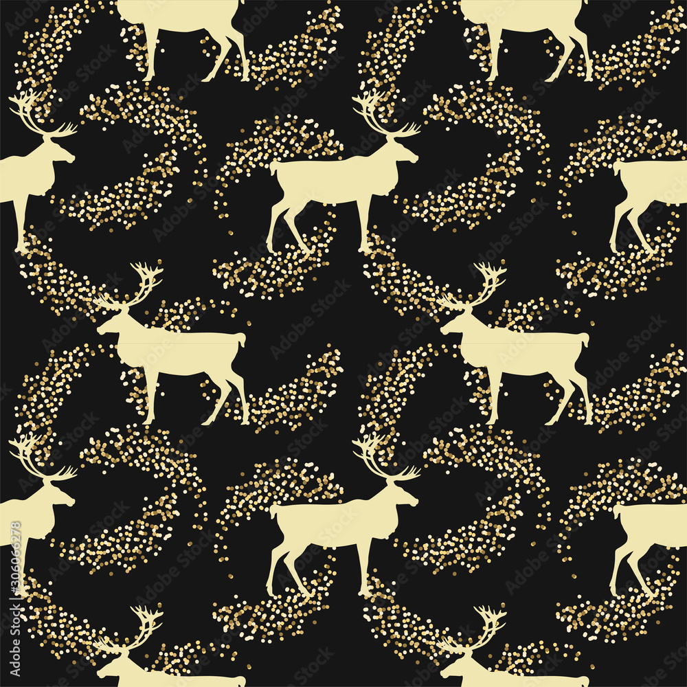 Seamless pattern with deer. Pattern with silhouettes of deer on a dark ...
