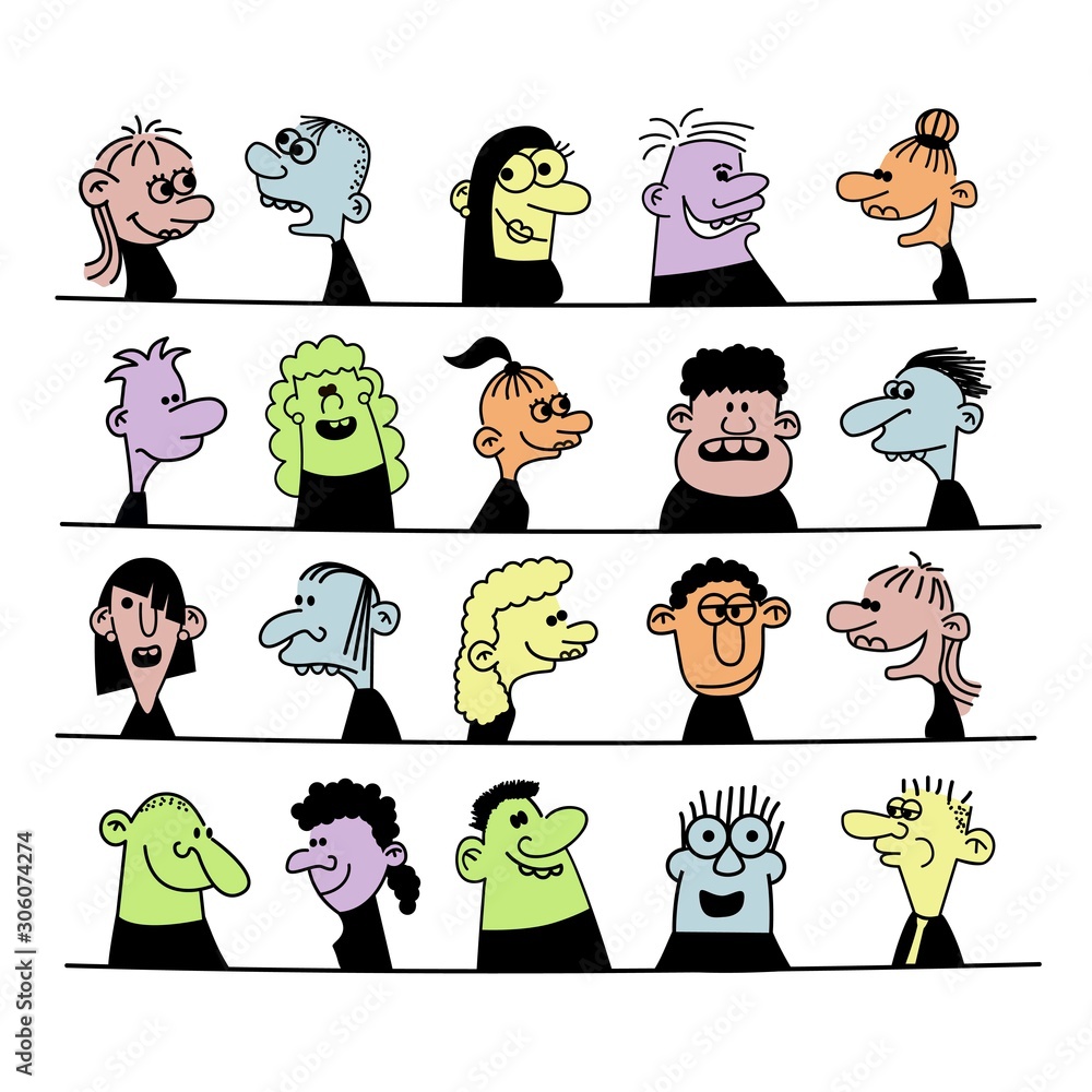 Hand drawn funny characters faces set, vector illustration Stock Vector ...