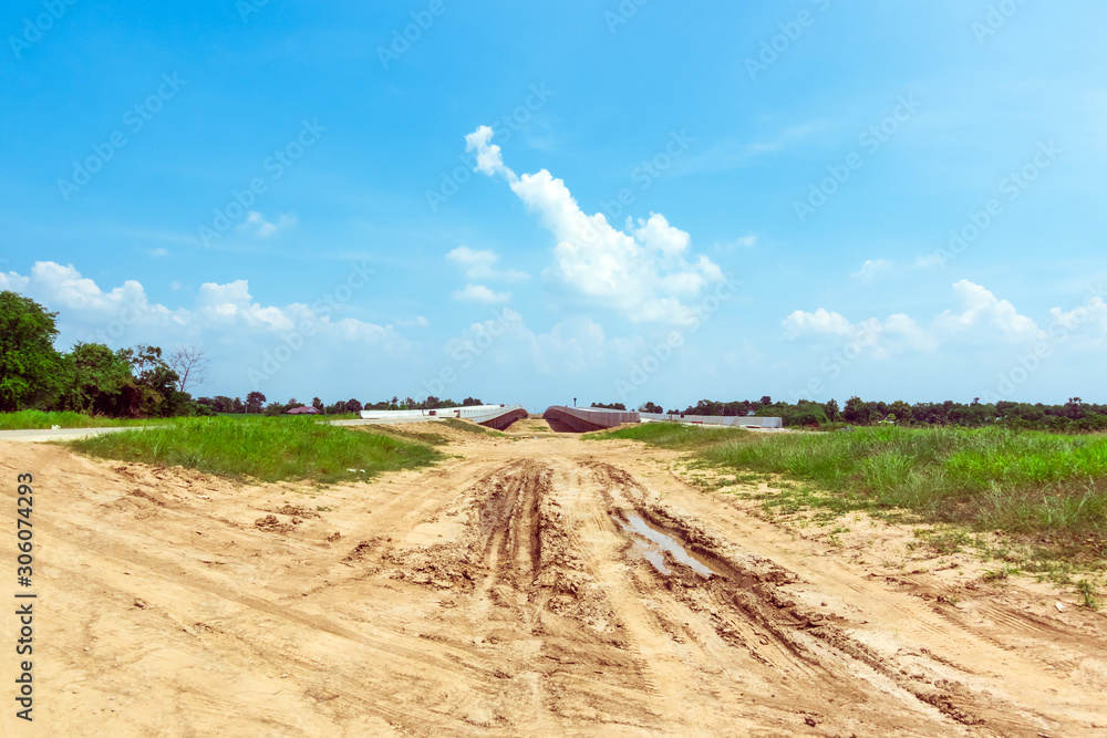 Unfinished of construction of the large concrete bridge of the motorway ...
