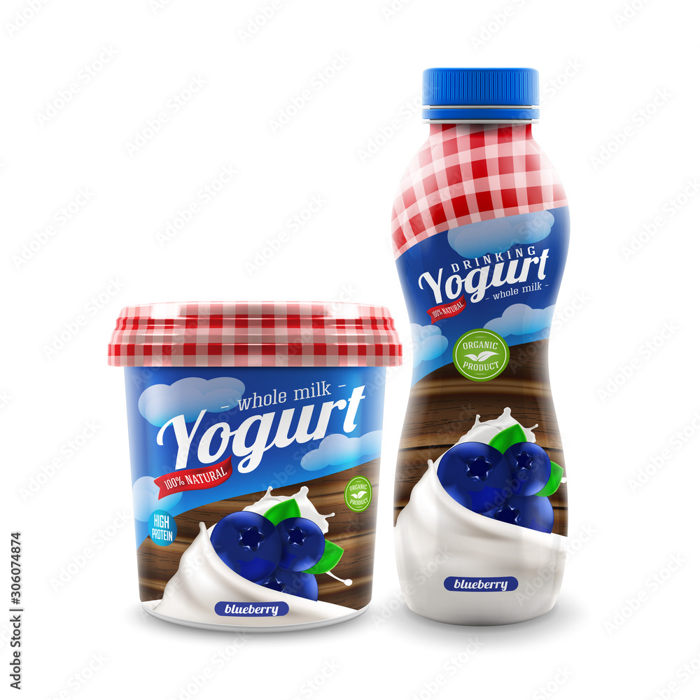Whole milk organic yogurt or cream bottle and pot vector packaging ...