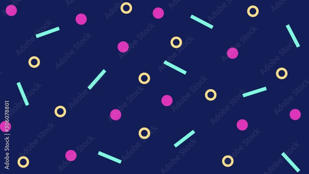 Retro abstract design blue pattern background with colorful circles, lines and rings. Memphis ...