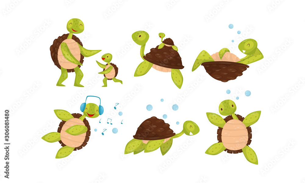 Set With Cute Turtles In Different Active Poses Vector Illustration ...