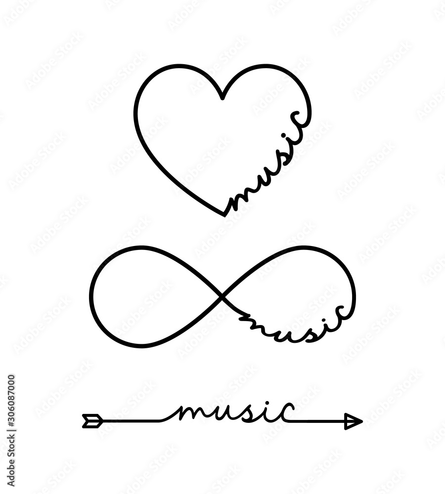 Music - word with infinity symbol, hand drawn heart, one black arrow ...
