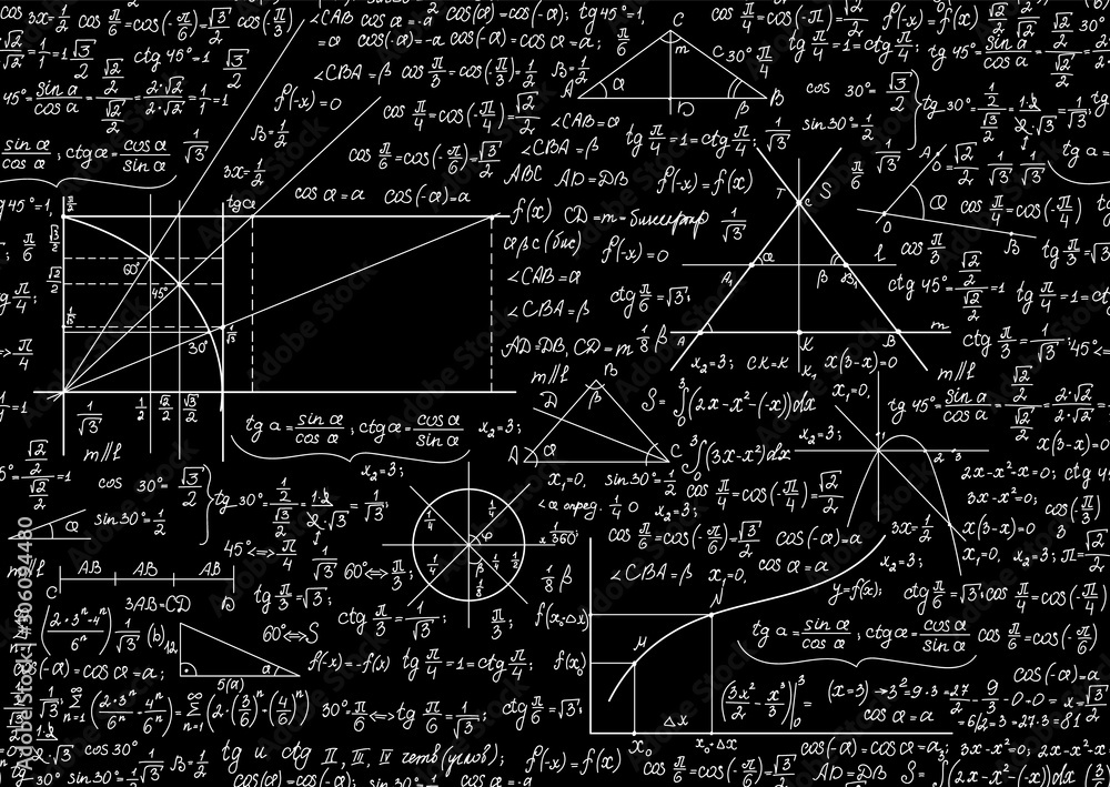 Mathematical vector seamless pattern with handwritten figures, formulas ...