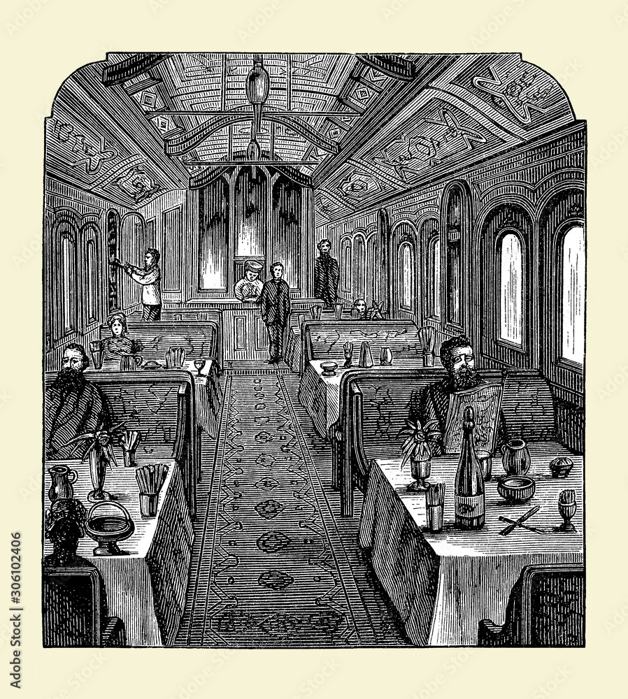 Luxurious dining car interior on train railways to travel in total ...