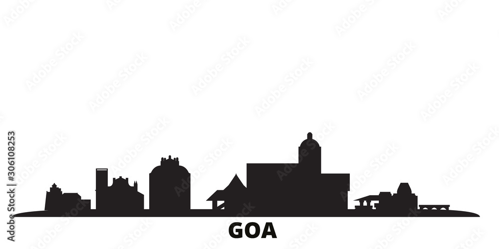 India, Goa city skyline isolated vector illustration. India, Goa travel ...