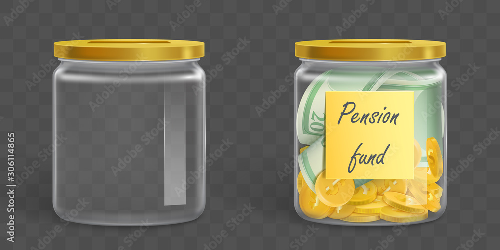 Empty clear money box and full of gold coins and banknotes with label ...