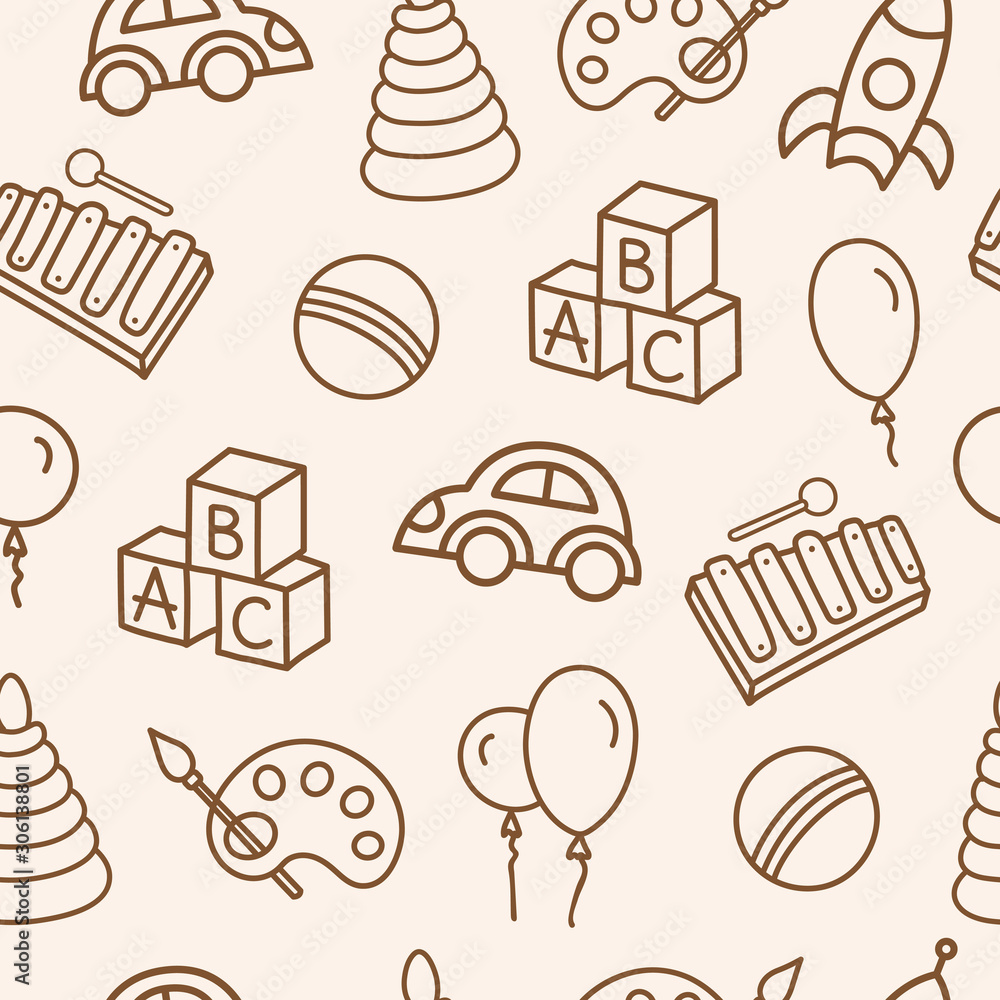 Baby toys seamless pattern in beige and cream colors. Thin line ...