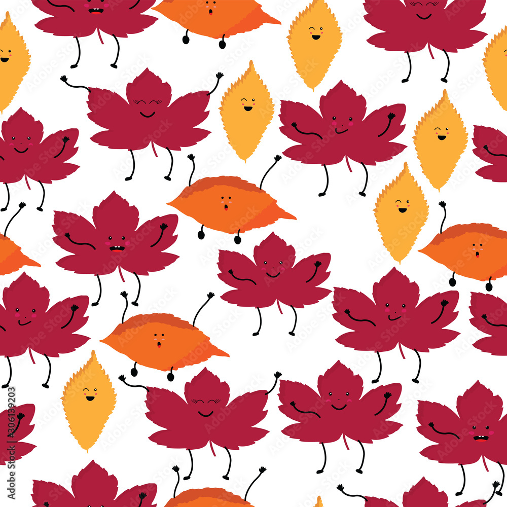 Cute kawaii style seamless pattern with leaves on white background ...