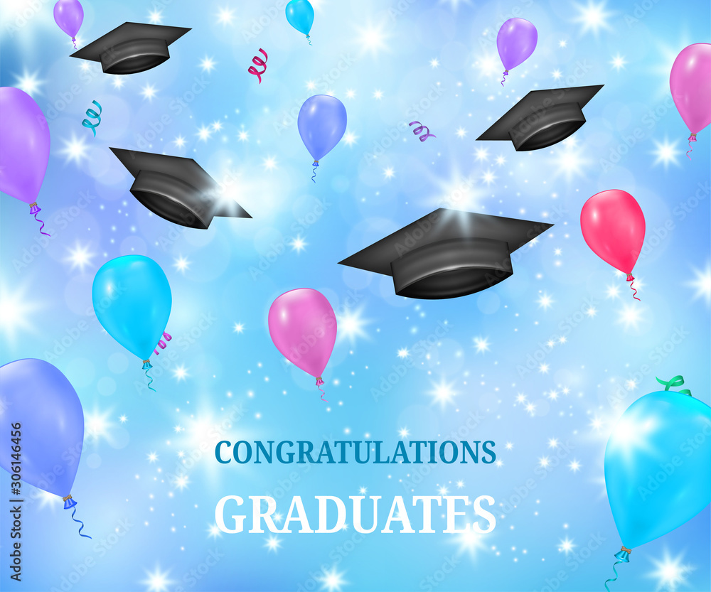 Graduates celebration flying black hats, balloons and ribbons in the ...