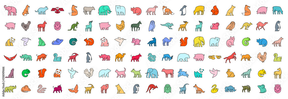 Linear collection of colored Animal icons. Animal icons set. Isolated ...
