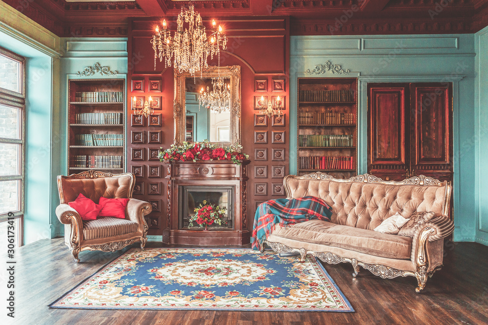 Luxury classic interior of home library. Sitting room with bookshelf ...