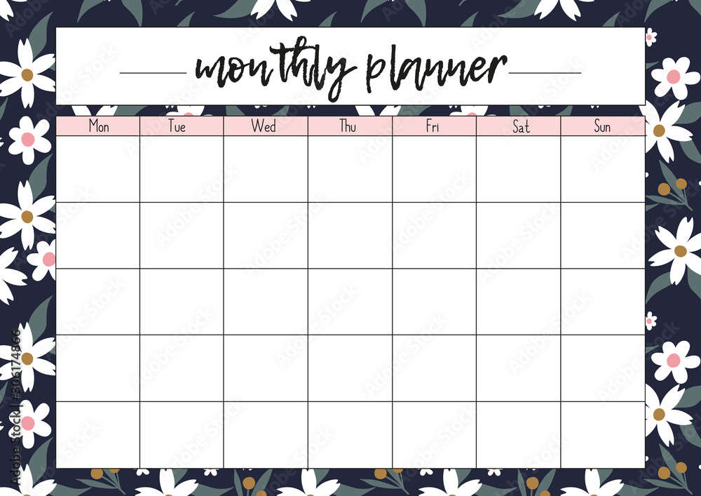 Monthly planner, A4 size format, printable page for diaries, organisers ...