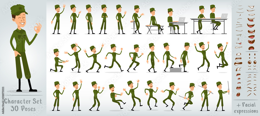 Cartoon flat cute funny army soldier boy character in green uniform and ...