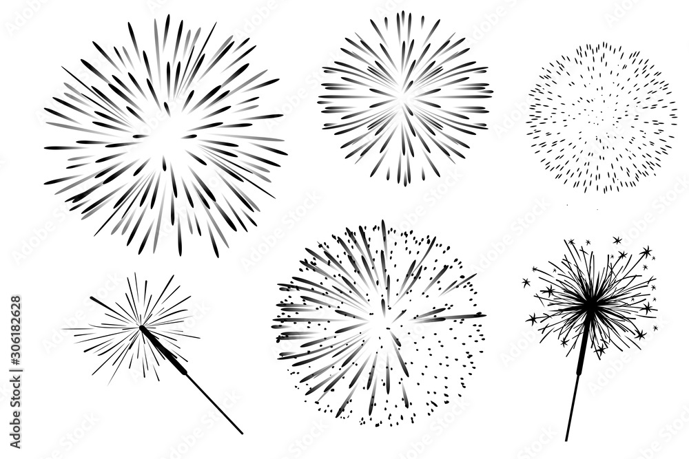 Fireworks set of black icon different types of explosion isolated on ...