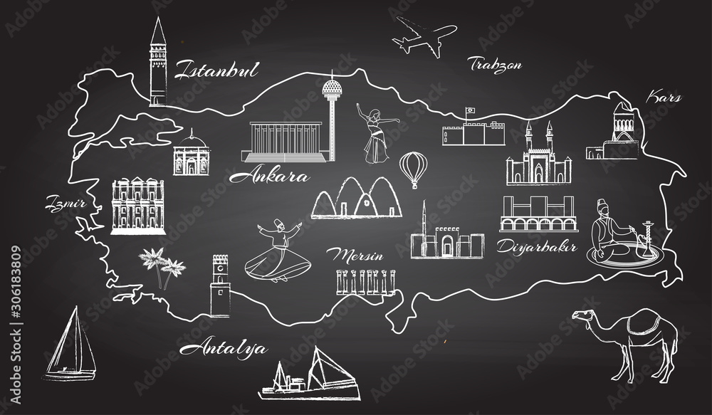 Map of Turkey with popular attraction drawing on chalkboard. Turkish ...