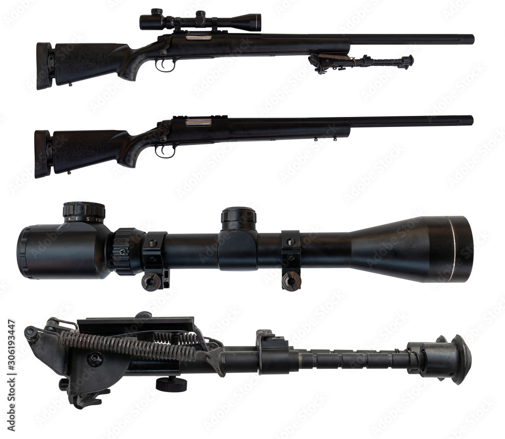 Rifle with a scope and bipod isolated on white background with cilpping ...