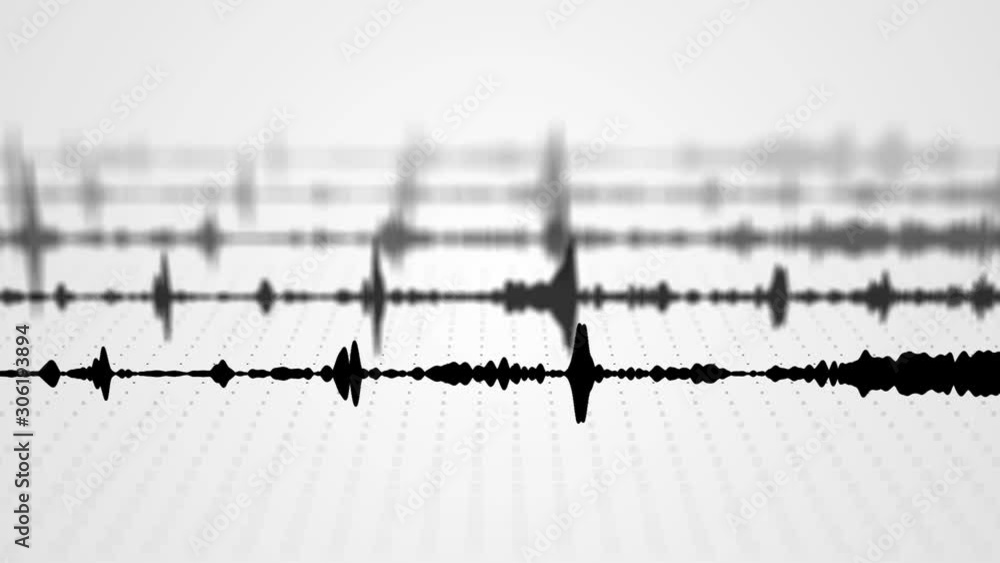 A black and white audio waveform spectrum visualization effect with ...