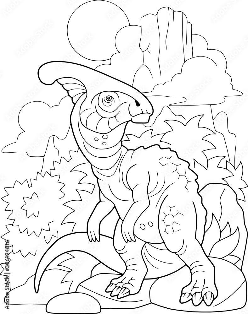 prehistoric dinosaur parasaurolophus, book coloring, contour picture ...