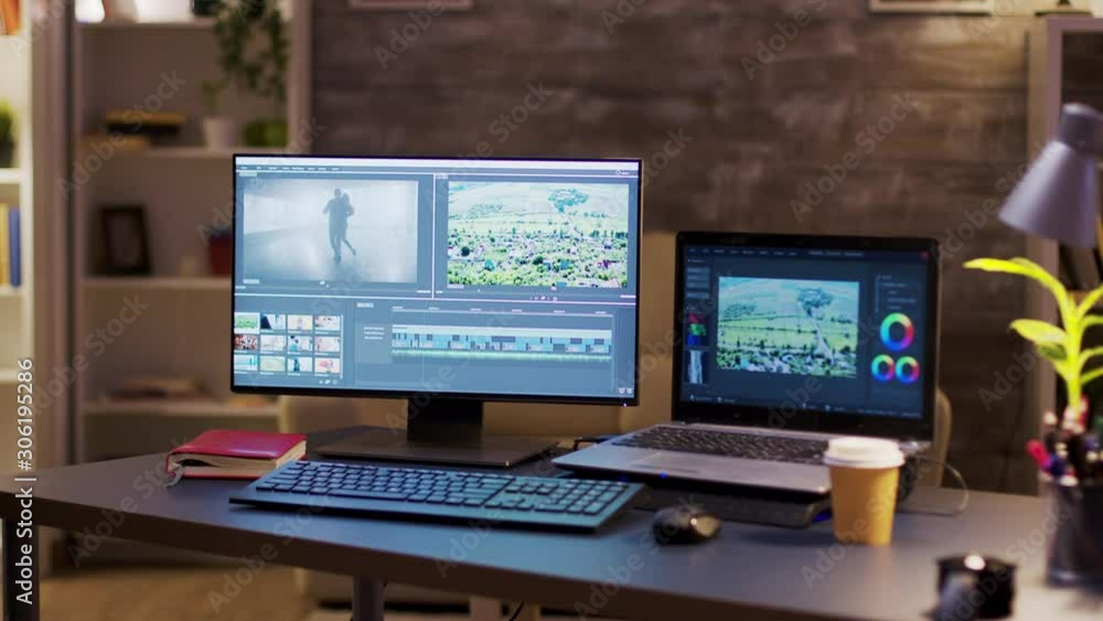 Monitor display with modern software for movie post production Stock ...