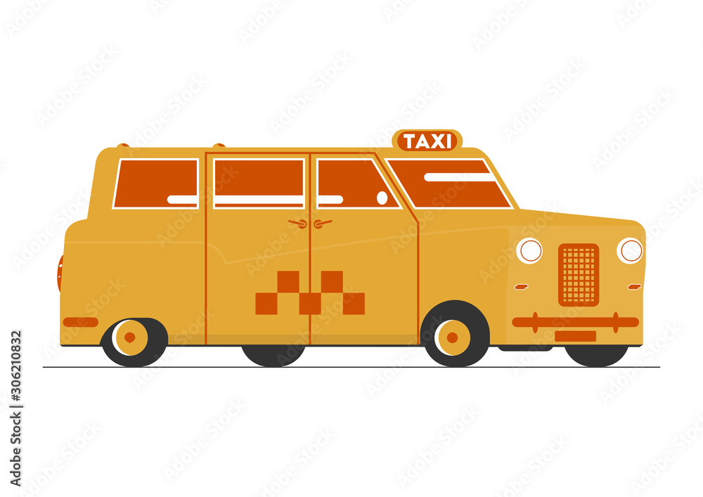 Cartoon taxi. Simplified retro London cab. Side view. Flat vector ...