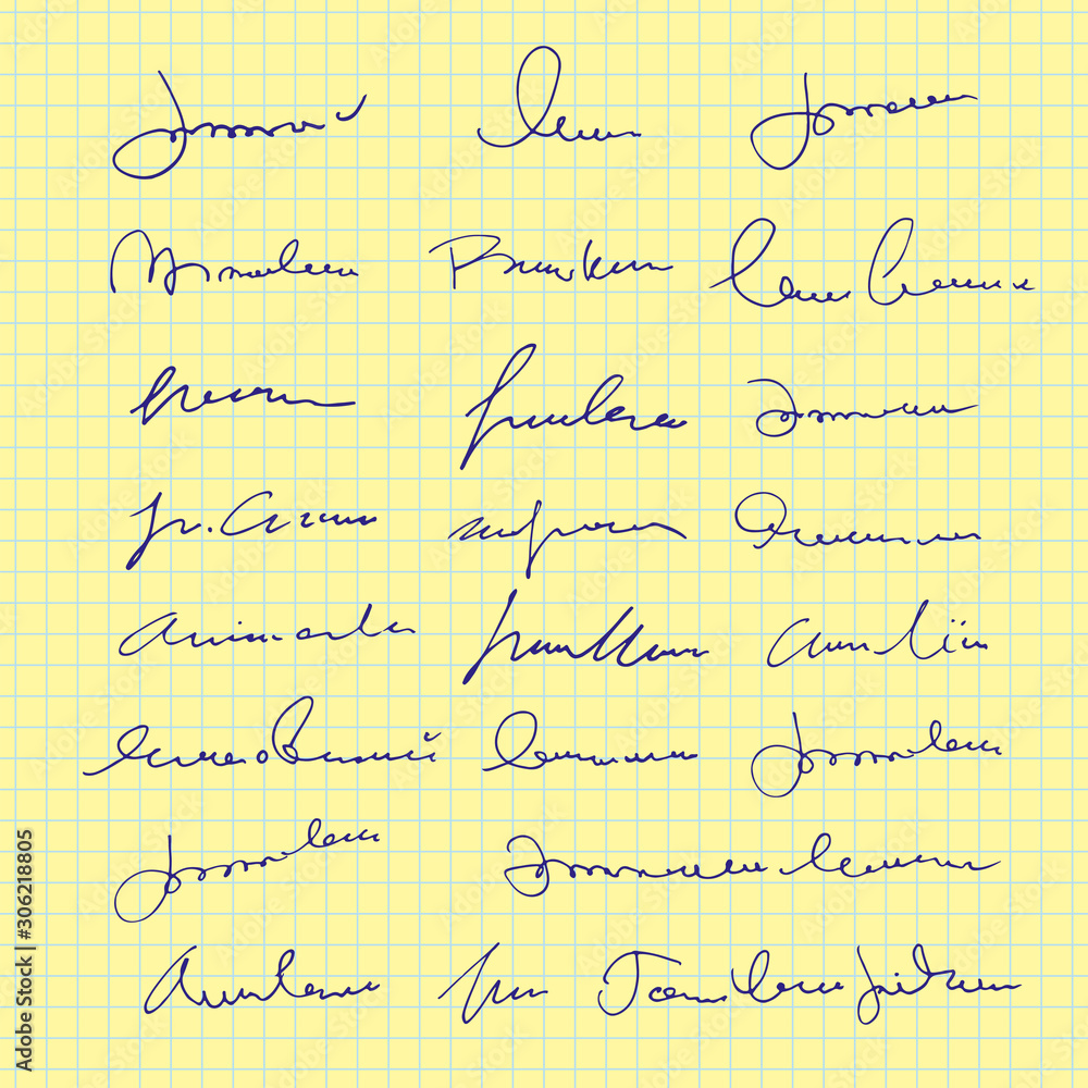Abstract handwritten signatures for design documents, sheet of paper ...