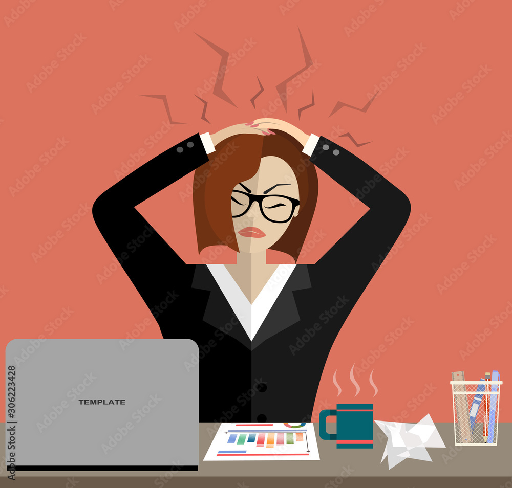 Stress at work concept flat illustration. Stressed out women in suit ...