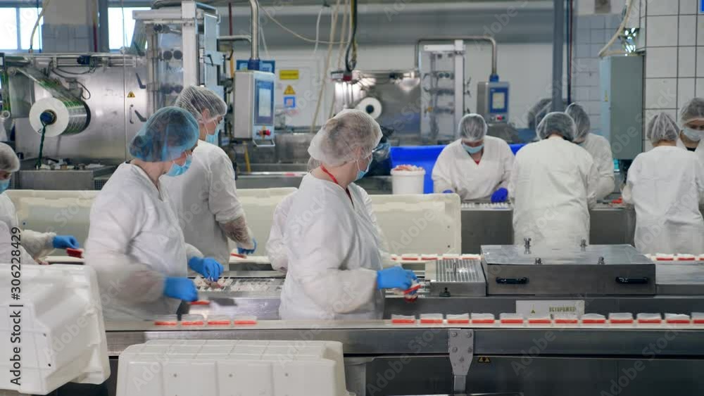 Factory workers in protective clothing packing food. Female employees ...