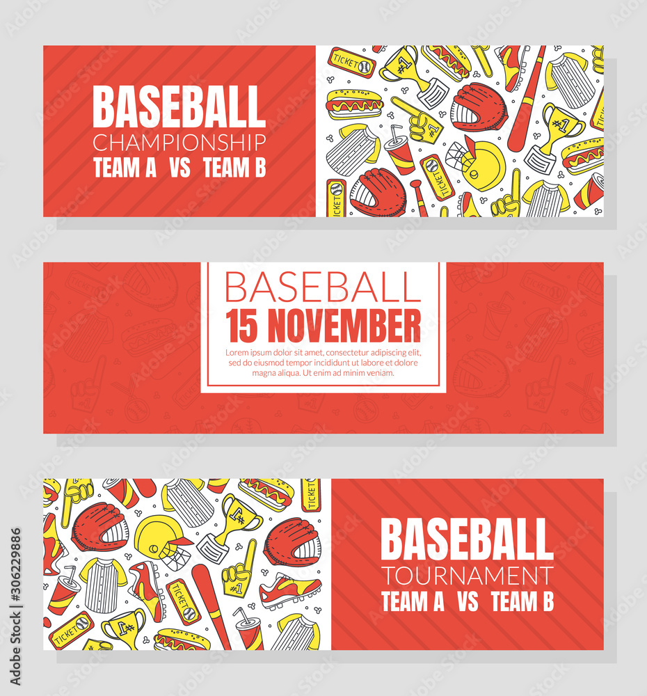 Hand Drawn Baseball Symbols Used in Vector Ticket Design Template Stock ...
