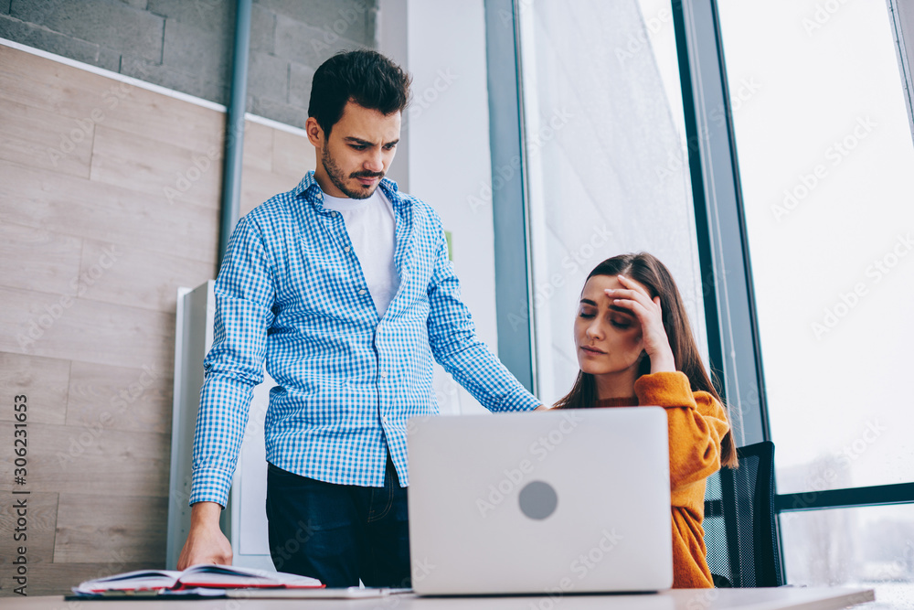 Disappointed sad woman office worker look feeling tired from deadline ...