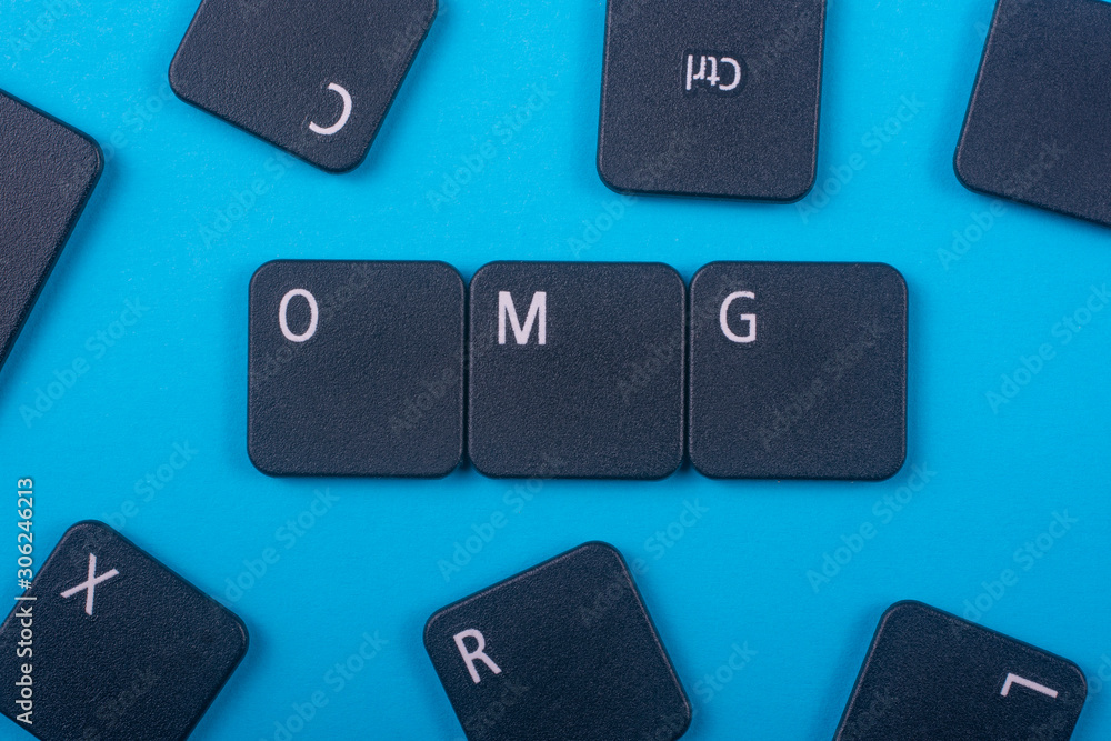 Acronym from keyboard buttons with letters. Oh My God. Blue background ...