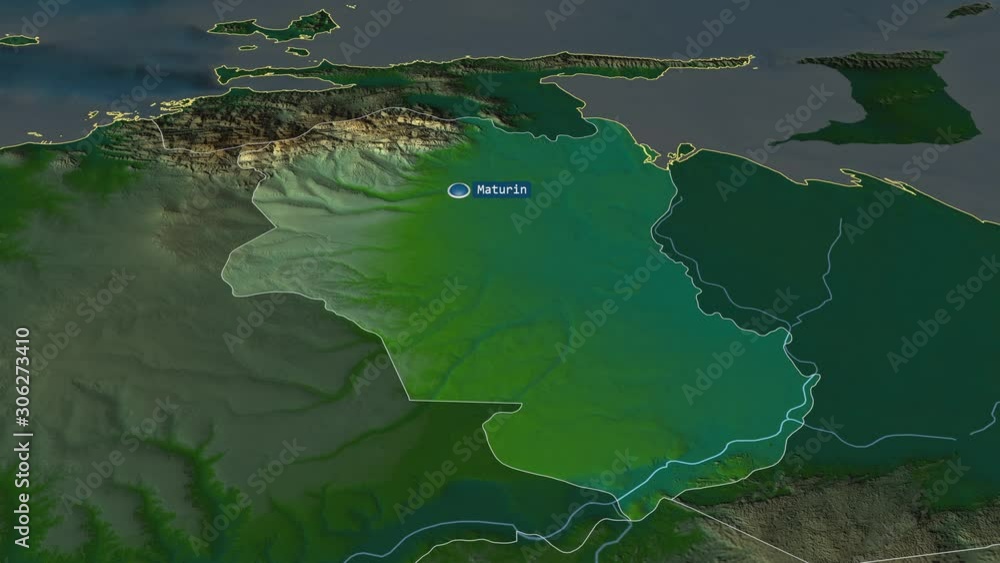 Monagas - state of Venezuela with its capital zoomed on the physical ...