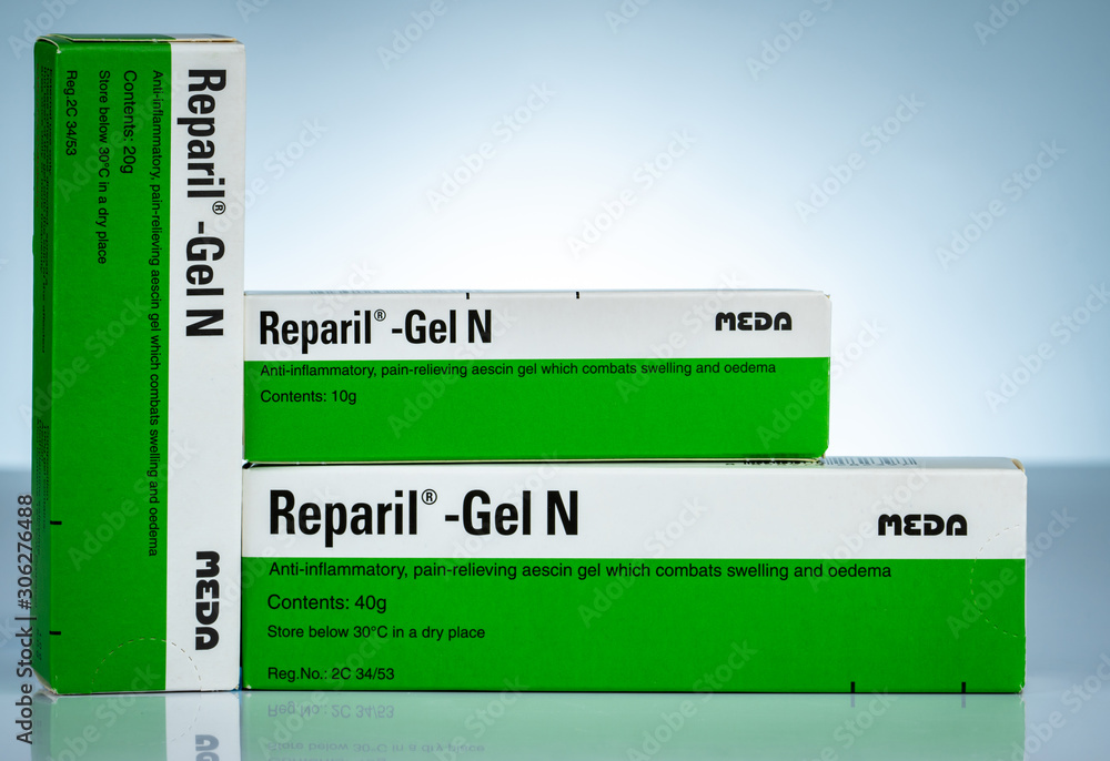 CHONBURI, THAILAND-OCTOBER 27, 2018 : Reparil gel N. Aescin and ...