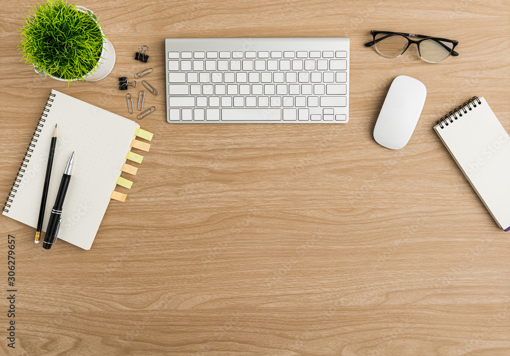 Top view Wood office desk table. Flat lay Workspace Stock Photo | Adobe ...