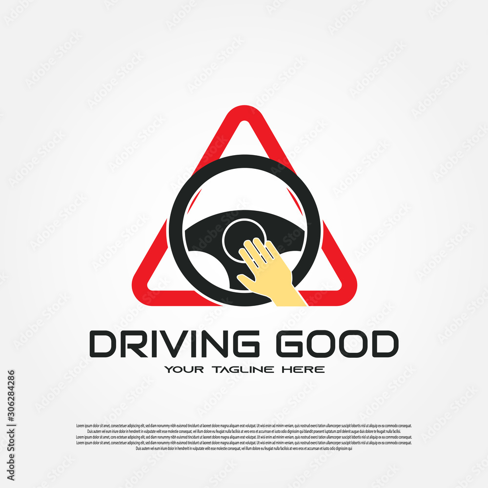 Driving school logo with hands on the car horn with road signs for ...