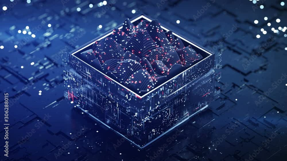 Blue data analysis process. Fictional circuit board with signal analyzer. Seamless loop 3D ...