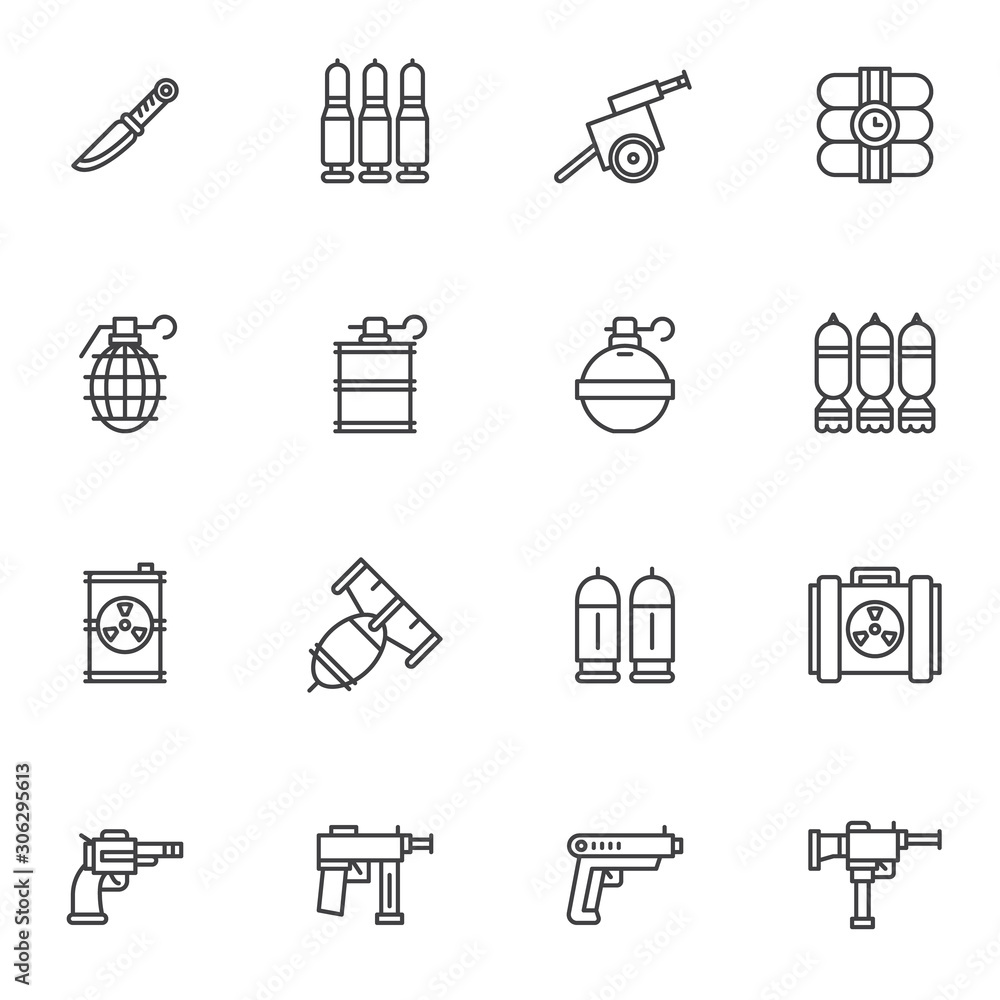 Vettoriale Stock Military ammunition line icons set. linear style ...