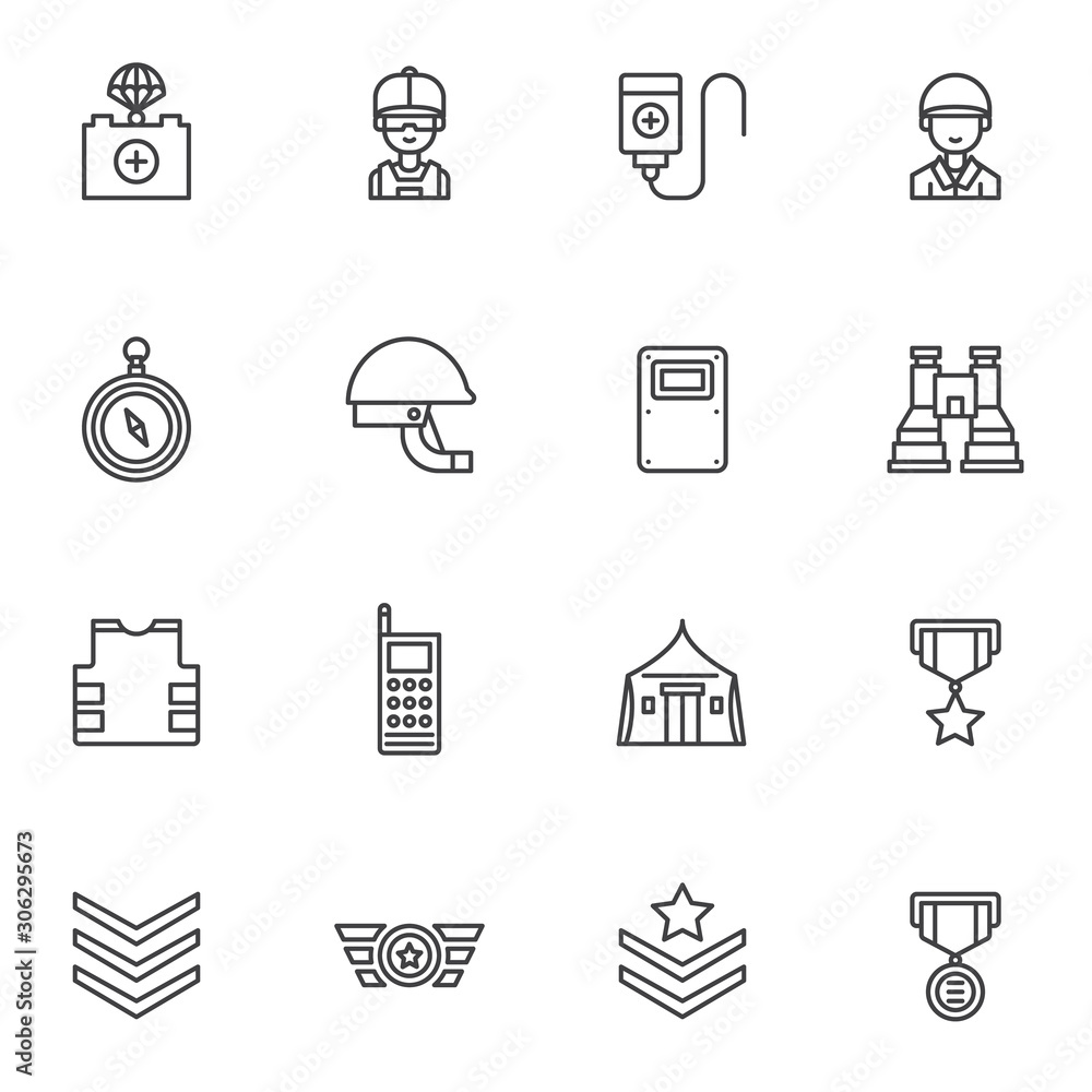 Military line icons set. Army forces linear style symbols collection ...