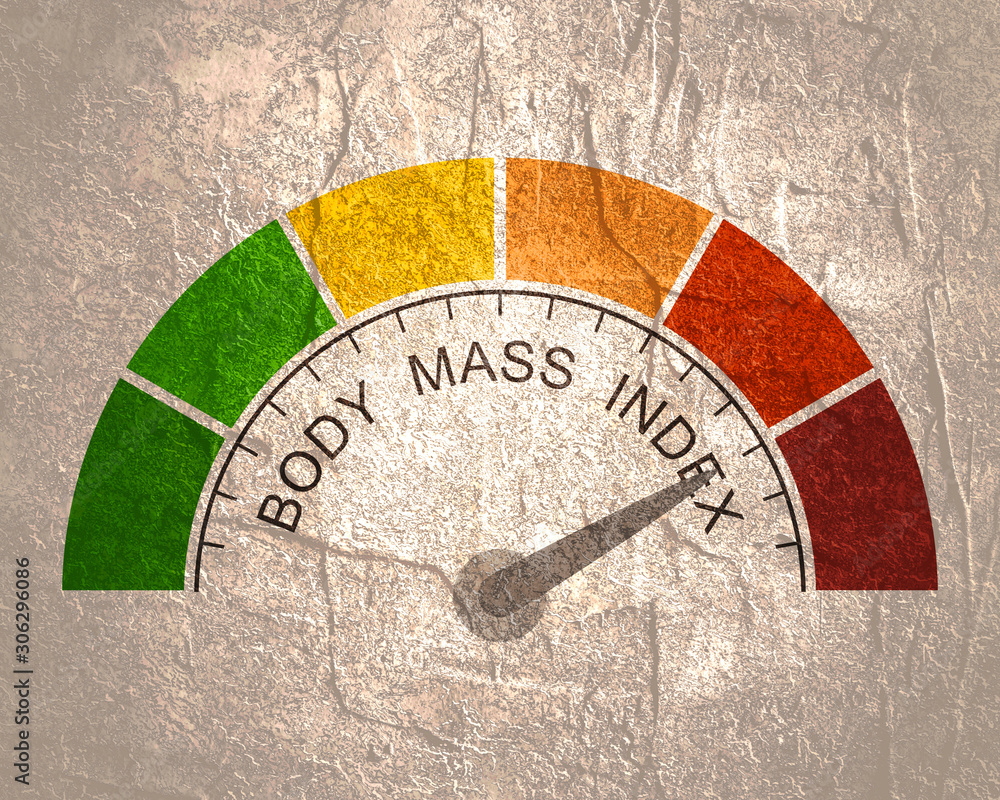 Body mass index meter read high level result. Color scale with arrow ...