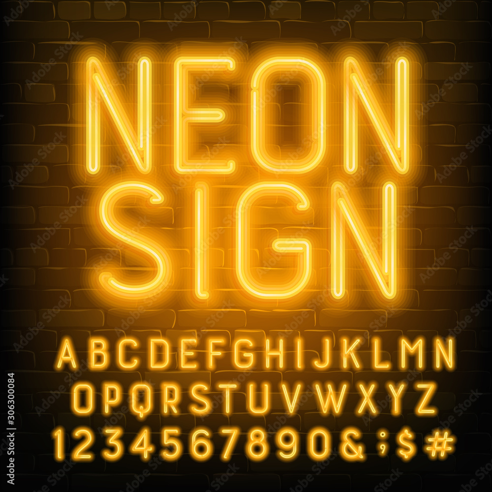 Neon Sign alphabet font. Yellow neon letters and numbers. Brick wall ...
