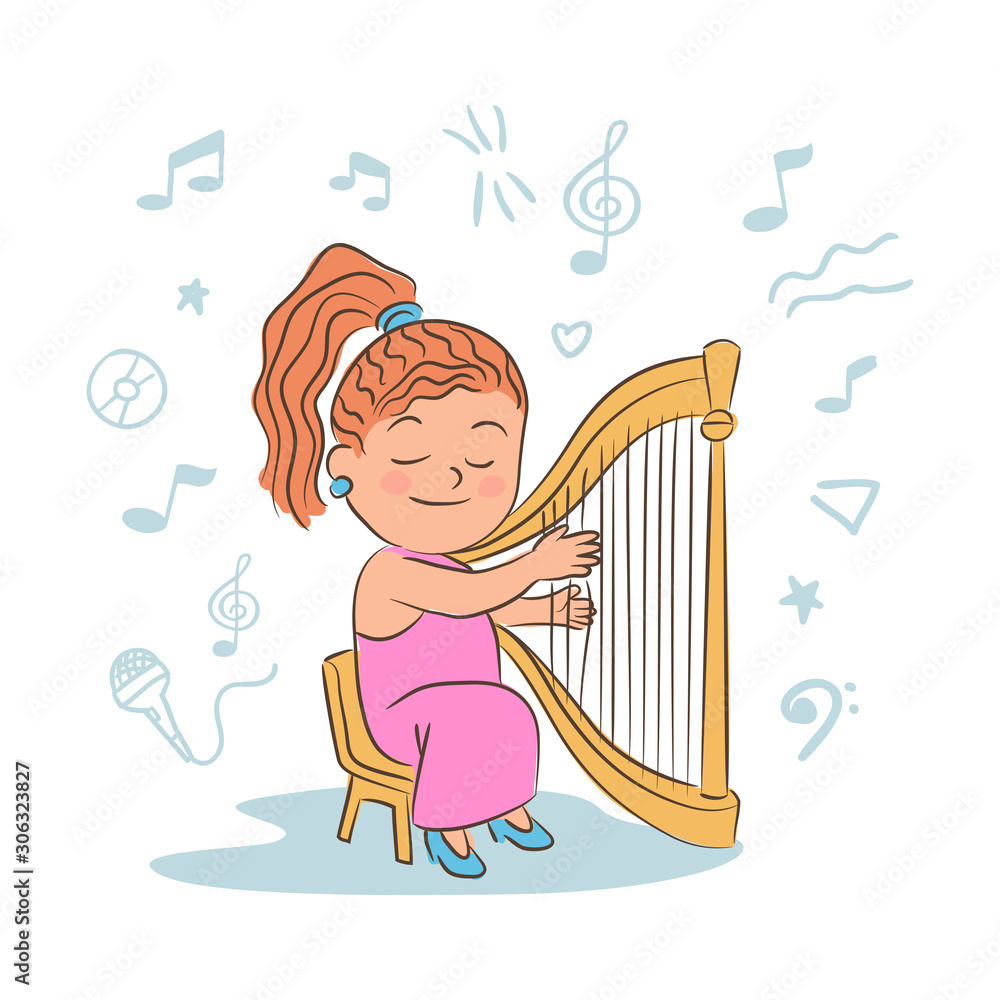 Girl playing harp cartoon vector illustration Stock Vector | Adobe Stock