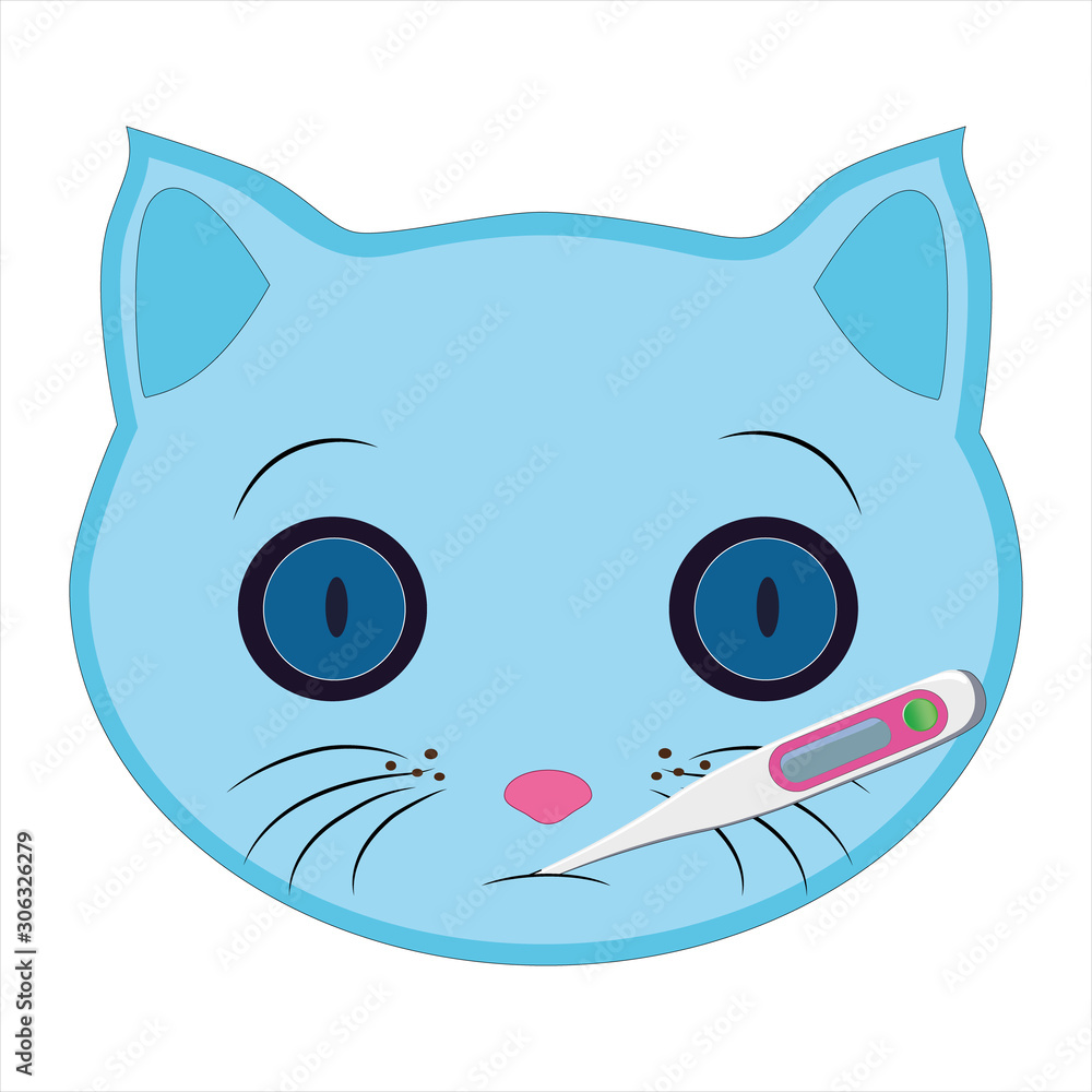 Flat drawing of a cat. Emoji, take your temperature, thermometer. Signs ...